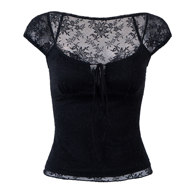 PynkiSwear 黑色/白色大方领系带镂空修身T恤女蕾丝拼接短上衣夏