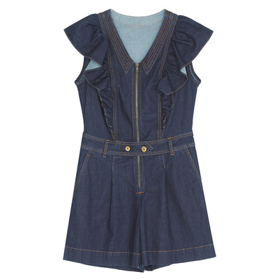 谜底夏季复古减龄飞飞袖修身显瘦连体蓝高腰牛仔短裤女222MK0510