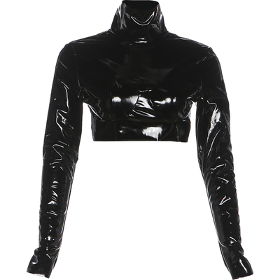 漆皮亮面高领修身短款长袖T恤女