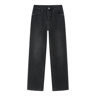 窄版直筒高腰弹力牛仔长裤女