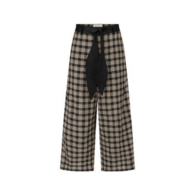 PIECE MIND新款2025春夏女士棕黑格纹撞色宽松中长款风衣套装