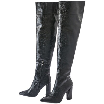 boots尖头粗跟过膝长筒靴