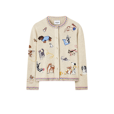 ALWOOLS2025秋冬新品复古趣味小狗刺绣针织开衫