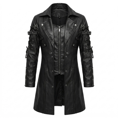 黑色真皮系带中长风衣夹克皮衣
