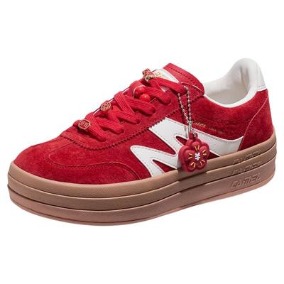 骆驼山海2代运动鞋女鞋复古德训鞋红色休闲鞋子厚底增高板鞋女款