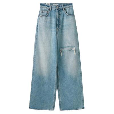 moussy个性磨破水洗阔腿牛仔裤