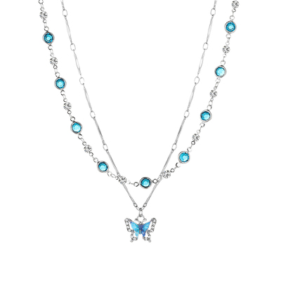 韩系双层海蓝色蝴蝶吊坠项链甜酷