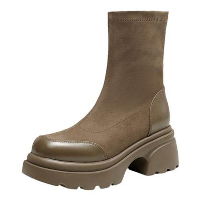 红蜻蜓厚底粗跟弹力靴