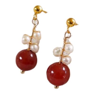复古气质红玛瑙绕珍珠耳钉淑女