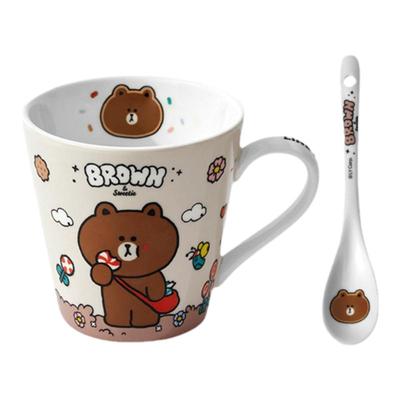 LINE FRIENDS卡通马克杯情人节礼品杯带勺陶瓷杯女生家用咖啡水杯
