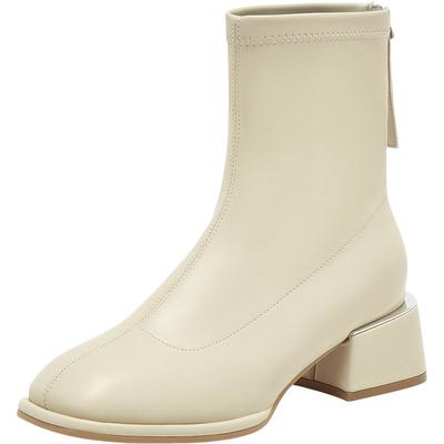 百思图2025冬季商场新款白色法式小踝靴粗跟女短靴马丁靴E5610DZ5