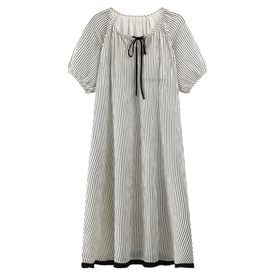 自带胸垫一体长款睡裙女夏季云朵棉短袖睡衣夏天条纹家居服可外穿