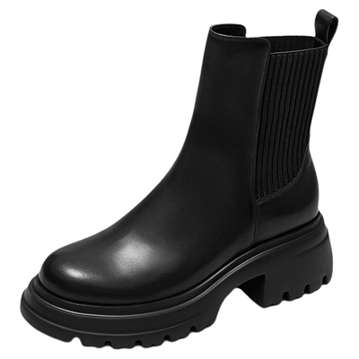 莱尔斯丹通勤粗跟真皮短筒靴子女