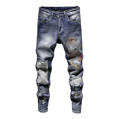 香港高端重工中国龙刺绣牛仔裤男潮牌高街国潮破洞补丁修身小脚裤
