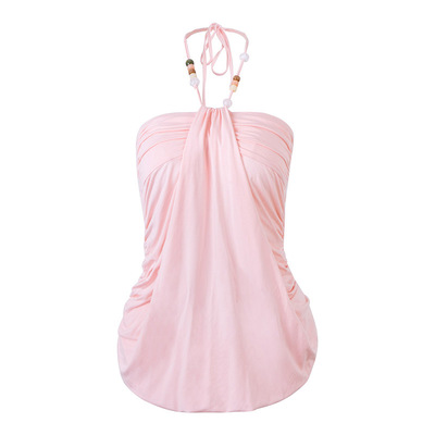PynkiSwear 浅粉色/浅灰色度假抹胸挂脖上衣夏露背褶皱吊带背心女