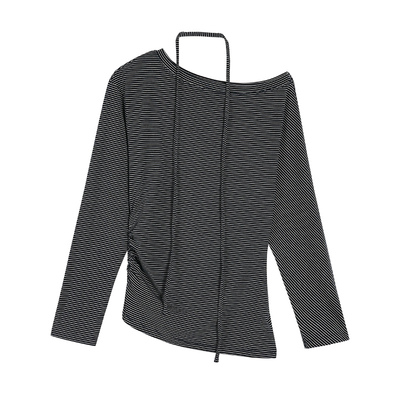 斜露肩性感长袖针织t恤飘带上衣