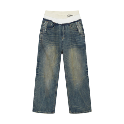 taitm内裤拼接双腰阔腿牛仔裤