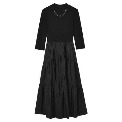 松紧腰长裙套头九分袖连衣裙