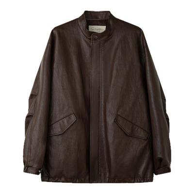 solighter立领抽绳pu皮衣外套