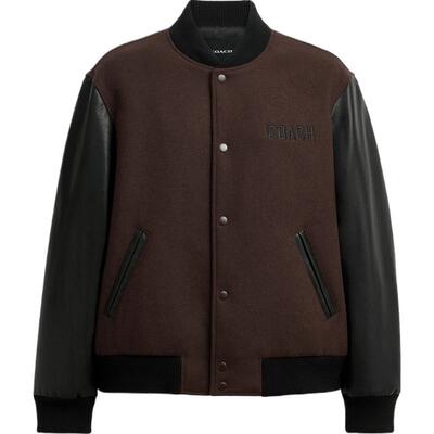 COACH/蔻驰奥莱男士棕色拼色羊毛VARSITY夹克外套棒球服美式潮流
