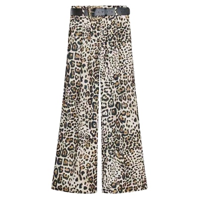 豹纹配腰带丝缎阔腿休闲裤