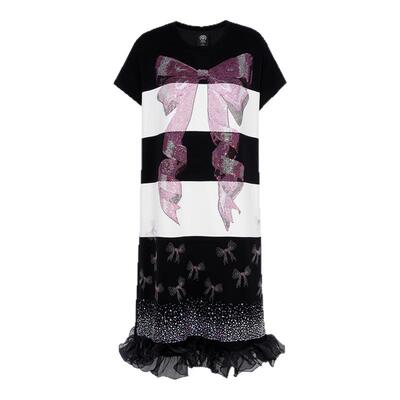 TCH轻奢蝴蝶结烫钻时尚黑白撞色木耳边宽松休闲连衣裙T75B30E1057