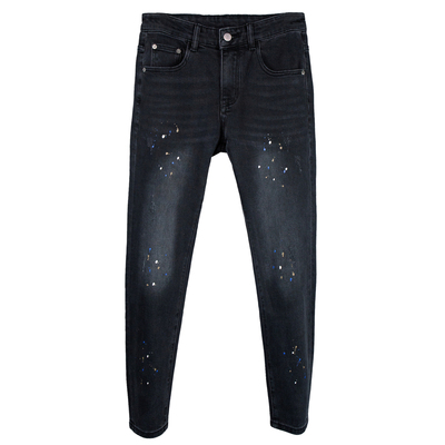 九分牛仔裤男士潮流泼墨韩版弹力黑灰色百搭修身小脚裤弹力九分裤