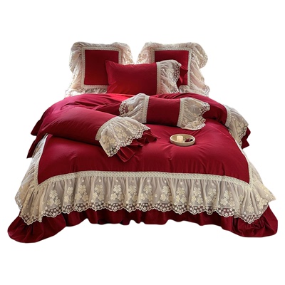 浪漫法式婚庆四件套蕾丝大花边红色结婚被套床裙边1.8米床上用品