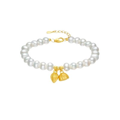 周六福珍珠莲蓬手串女S925银手链女黄金色手饰跨年礼物送女友