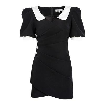 MaisonWester夏季黑色V领光芒褶裙甜辣优雅时尚高街连衣裙