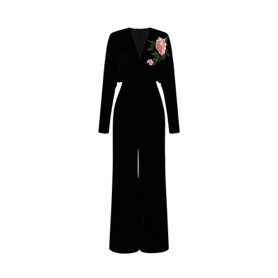 XULU原创纯色丝绒深V性感纯手工订珠法式高级感长袖高腰连体裤