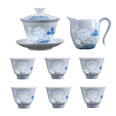 景德镇手绘青花玲珑陶瓷茶具套装
