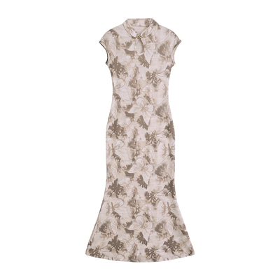 蝴蝶印花旗袍式包臀鱼尾连衣裙