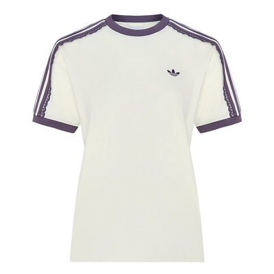 adidas阿迪达斯三叶草优雅蕾丝边三条纹半袖女修身短袖T恤 LF2332