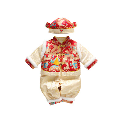 宝宝周岁礼服套装男冬季厚新款婴儿百日宴中式黄马褂女孩拜年唐装