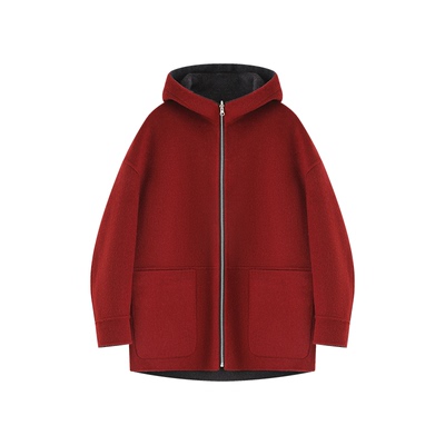 XWI欣未含羊毛双色双面呢大衣女冬季连帽一手长两面可穿毛呢外套