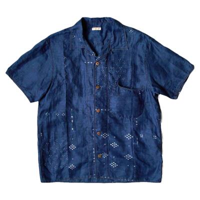 蓝染牛仔亚麻日系复古短袖衬衫