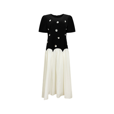 NAZ那子大码手工钉珠花醋酸裙胖mm洋气短袖撞色韩系收腰连衣裙夏