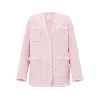 一手长羊毛双面呢大衣水貂毛球