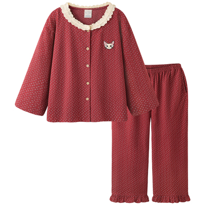 睡衣女款带胸垫纯棉磨毛红色套装