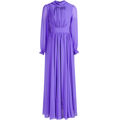 复古圆领大摆雪纺纯色长裙连衣裙