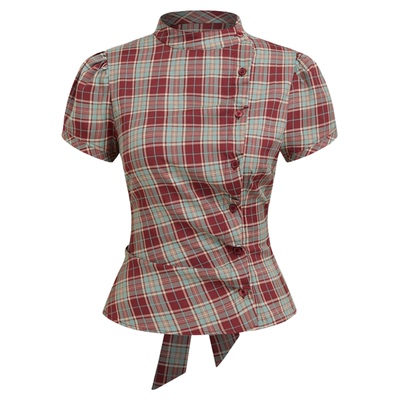 CIDER格纹格子衬衣上衣翻领泡泡袖美式复古扣纽衬衫女114775917