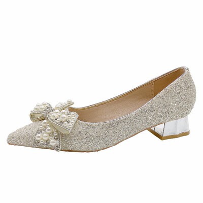 法式水晶蝴蝶结粗跟婚鞋不累脚