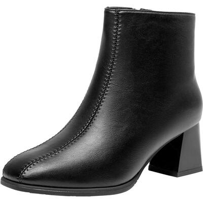 大东时装靴女鞋2025年冬季新款简约粗跟高跟侧拉链方头电绣D0026