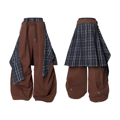 RELABEL 空间关系“剑道重峦”格纹双腰头可拆屁帘双宽褶打褶卫裤