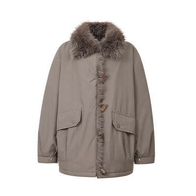 .e1设计师品牌 25冬 环保毛领巴恩风90白鸭绒廓形派克羽绒服外套