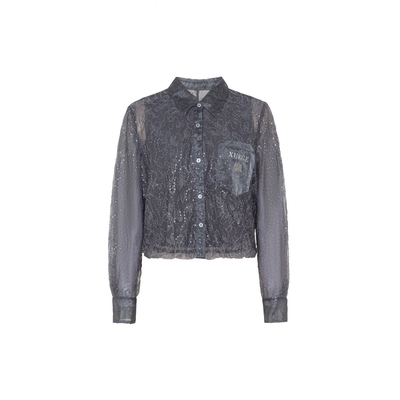 XG/雪歌XJ321003A481蕾丝网纱长袖衬衫时尚秋季新款短款上衣女装