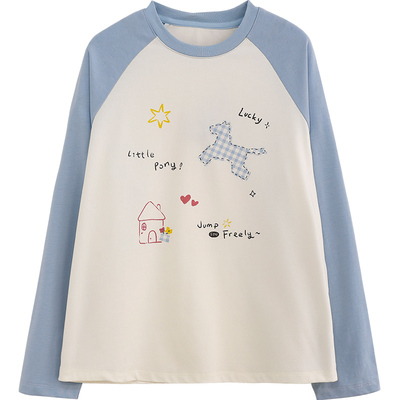 诺诺公主S1N初中生2026春季印花插肩袖T恤女青少年设计感打底上衣