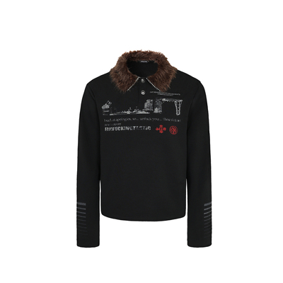 TZ killer「暗序」毛领拆卸polo衫 黑色复古长袖T恤打衫底男女