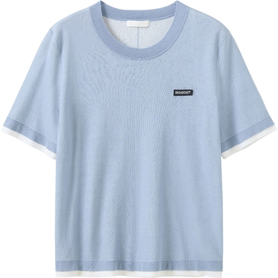 播商场同款蓝色假两件短袖针织衫女25早秋新品休闲上衣BDS3SD3224